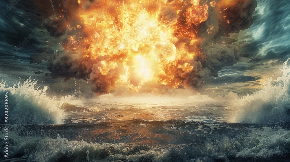 Nuclear bomb explosion with enormous shock waves, the blast's force ...