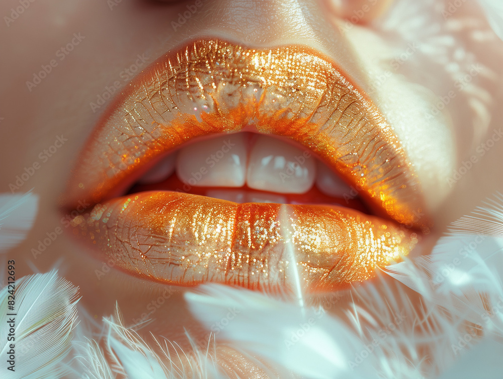 Beautiful feminine lips with gold metallic makeup and white feathers ...