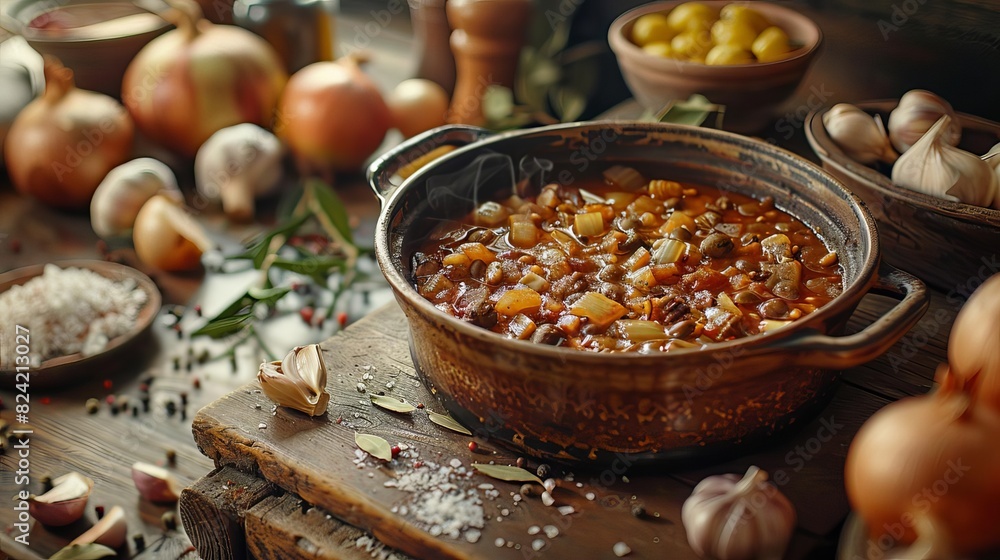 Illustrate a rustic Greek kitchen with a pot of Stifado on the stove ...