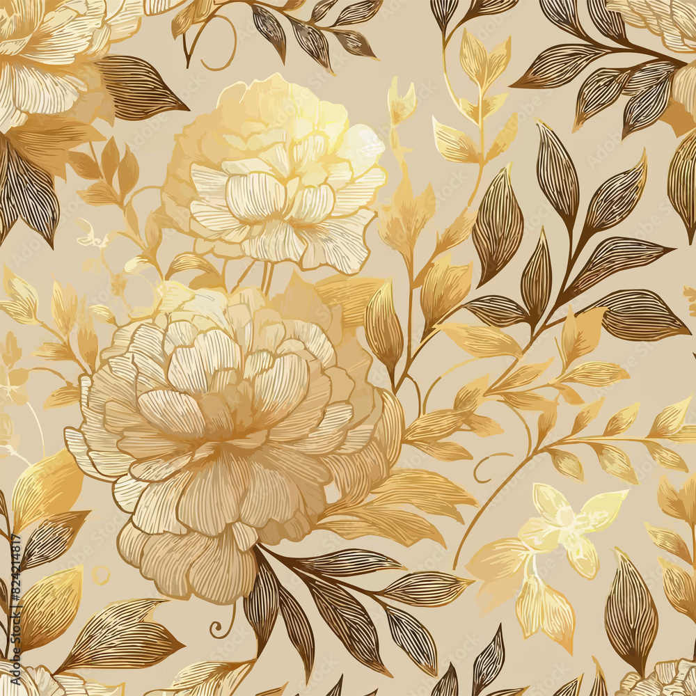 Vector gold line flower pattern,art background. Leaves and peonies ...