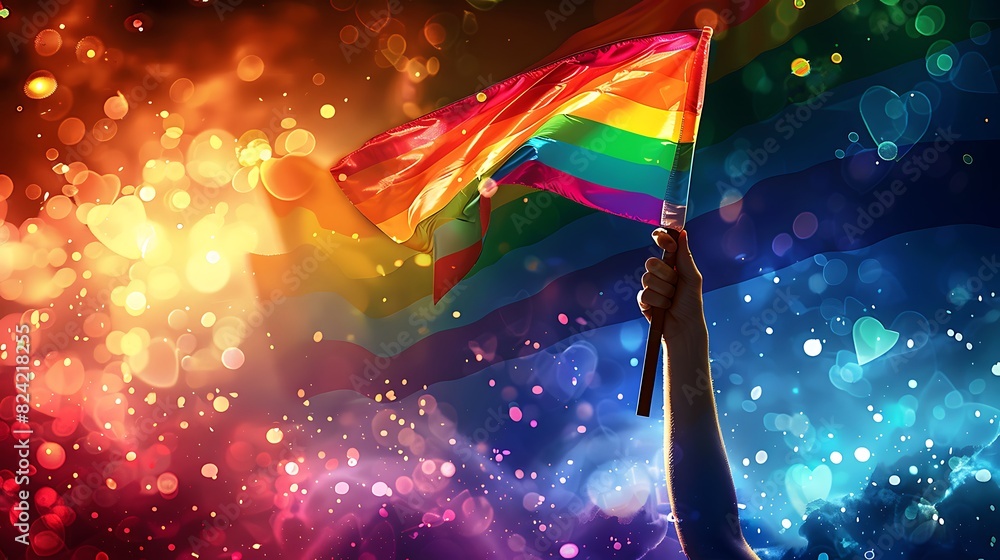 Strong hand raises a rainbow flag high, surrounded by dynamic graphics ...