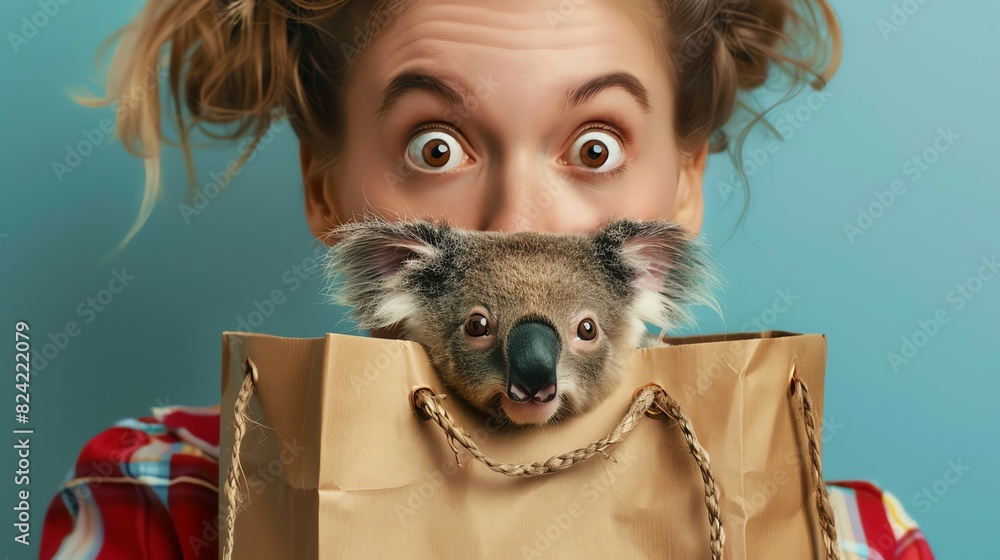 Funny surprised woman holding a koala in a paper bag. The woman has her ...