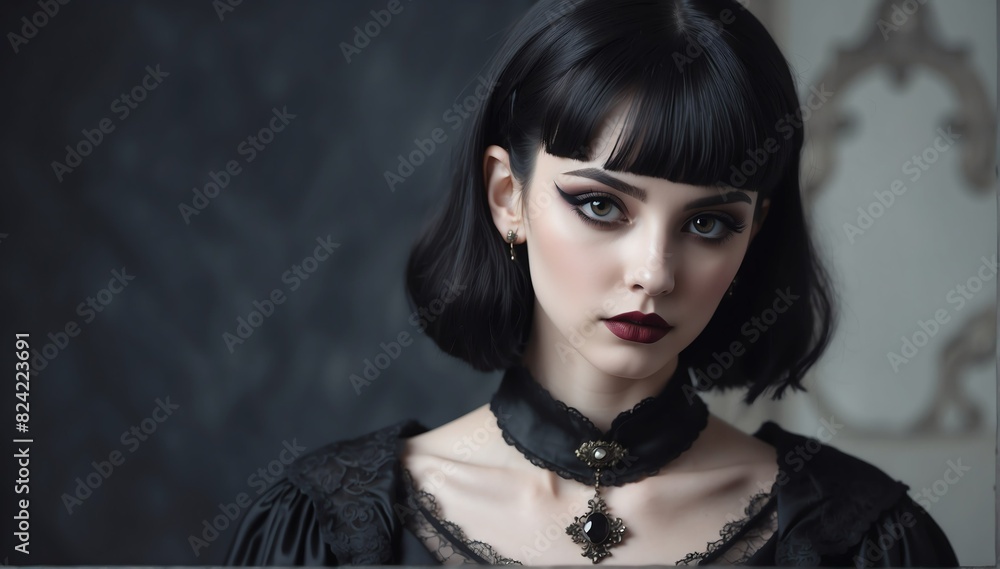 pretty young goth woman model retro fashion portrait posing in studio ...