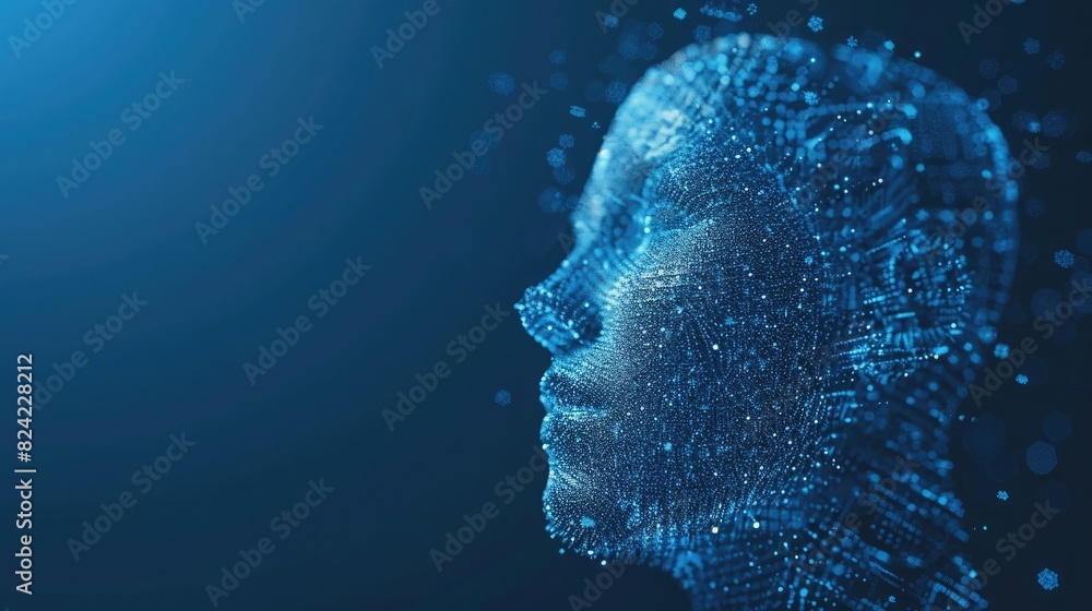 Digital human head made of particles, minimalistic background, blue ...