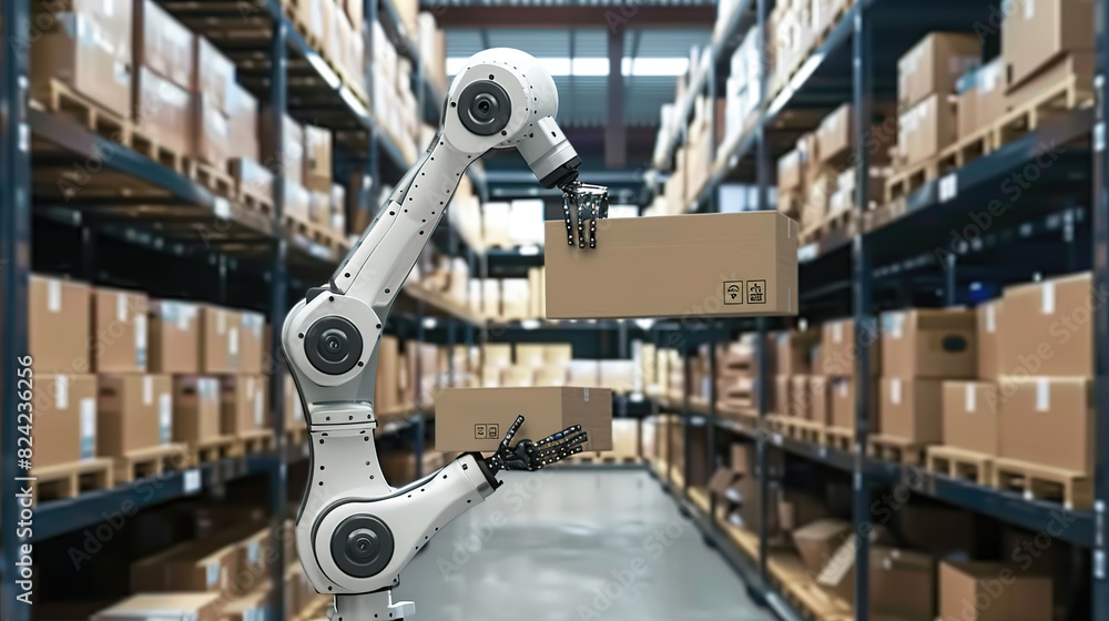 Industrial robot arm grabbing the cardboard box on roller conveyor rack ...