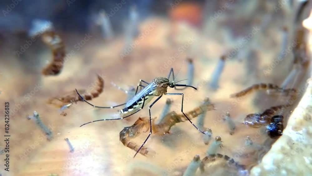 Mosquitoes lay eggs on water. Mosquito larvae hatch and reproduce Stock ...