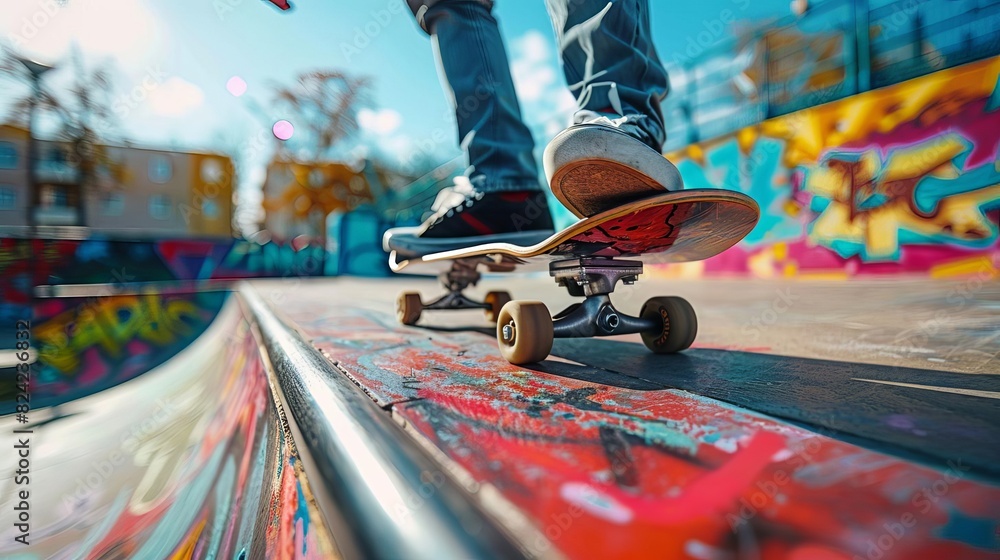 Illustrate a skateboarder grinding along a rail at a vibrant ...
