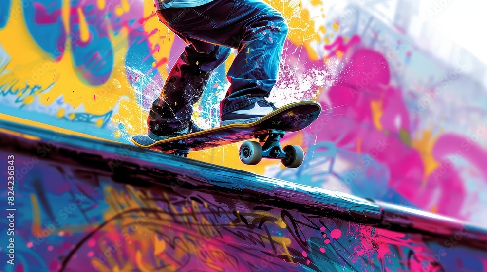 Illustrate a skateboarder grinding along a rail at a vibrant ...