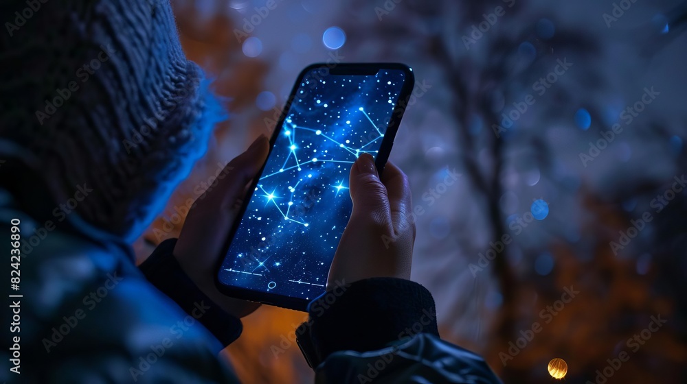 Illustrate a stargazing app on a smartphone, helping users identify ...
