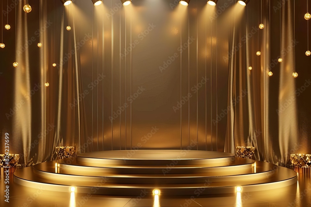 luxurious golden podium with spotlight lamps award ceremony stage ...