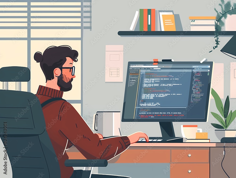 A programmer working intently at a desk coding on a dual monitor setup in a cozy home office ...