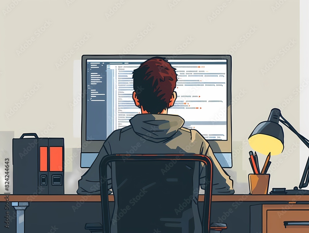Person in a hoodie coding at a desk with dual monitors and office ...