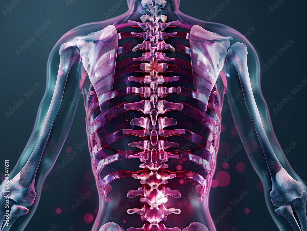 Detailed 3D illustration of the human spine and ribcage, highlighting ...