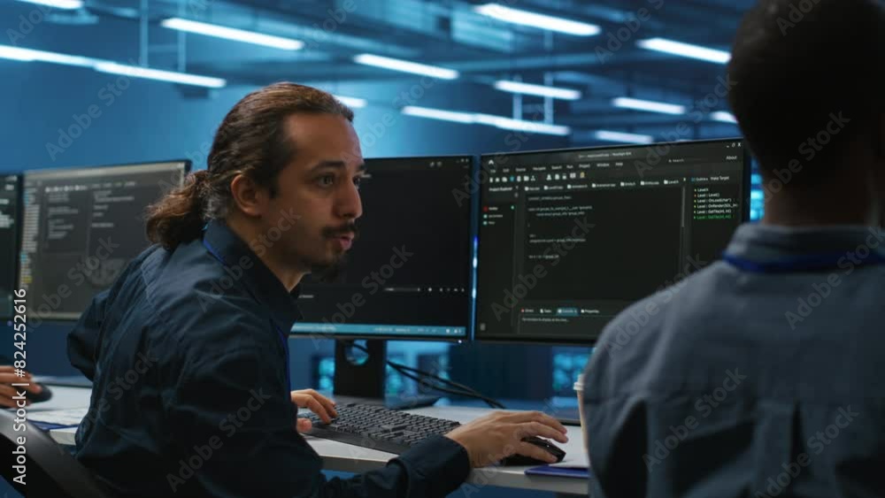 Engineers coding together in high tech server hub, using computers to ... Engineers coding together in high tech server hub, using computers to ...
