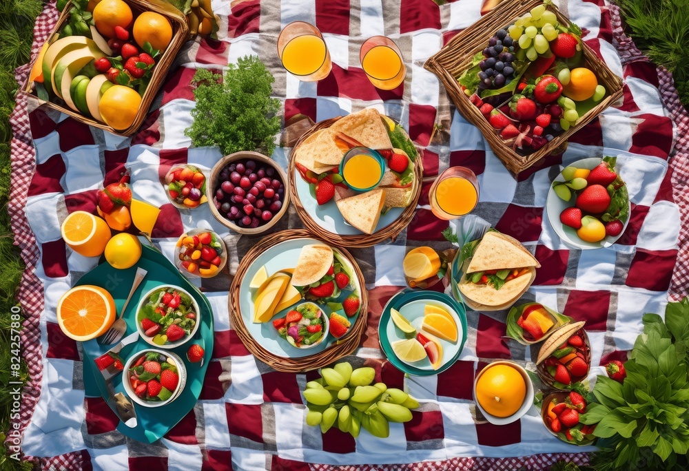 overhead view picnic spread checkered blanket captured using drone tall ...