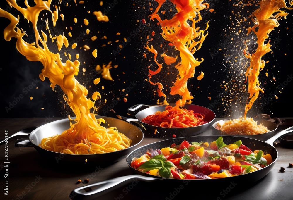 dynamic action shots food being tossed flipped pan captured burst mode ...