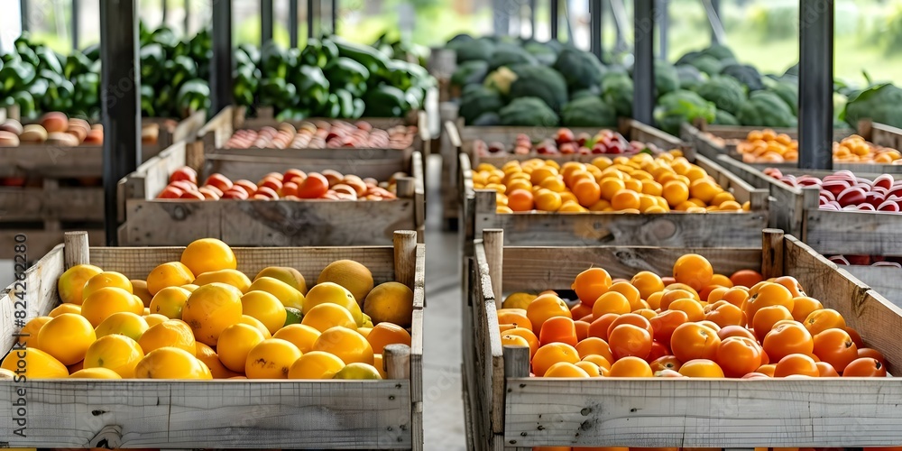 Freshly harvested organic fruits and vegetables stored in wooden crates ...