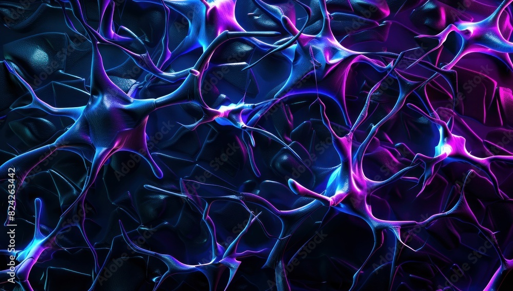 Neurons in a dark background with blue and purple lights in the ...