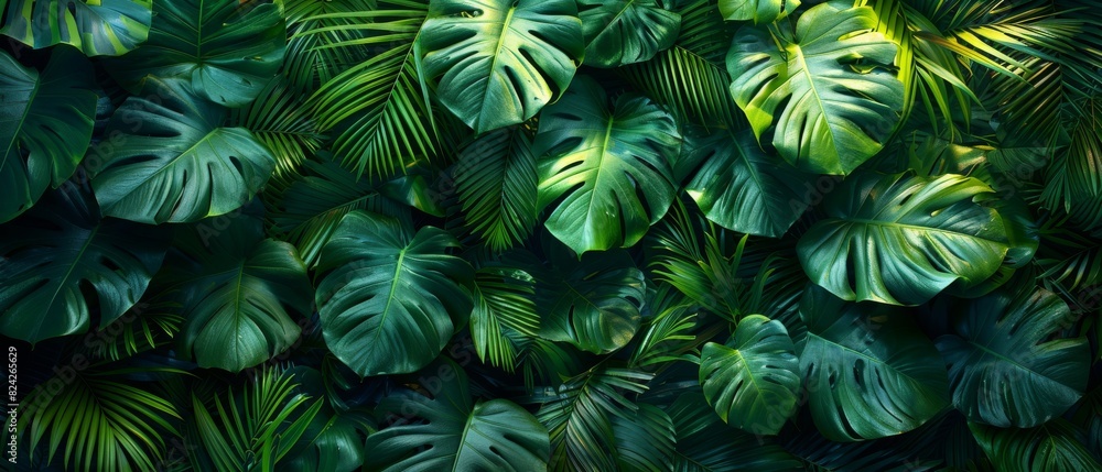 Background Tropical. Sunlight filters through the canopy in golden ...