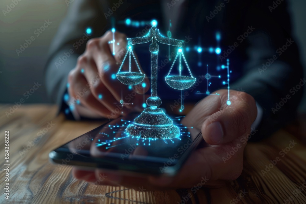 AI icon and balance scales displayed on a virtual screen, symbolizing ...