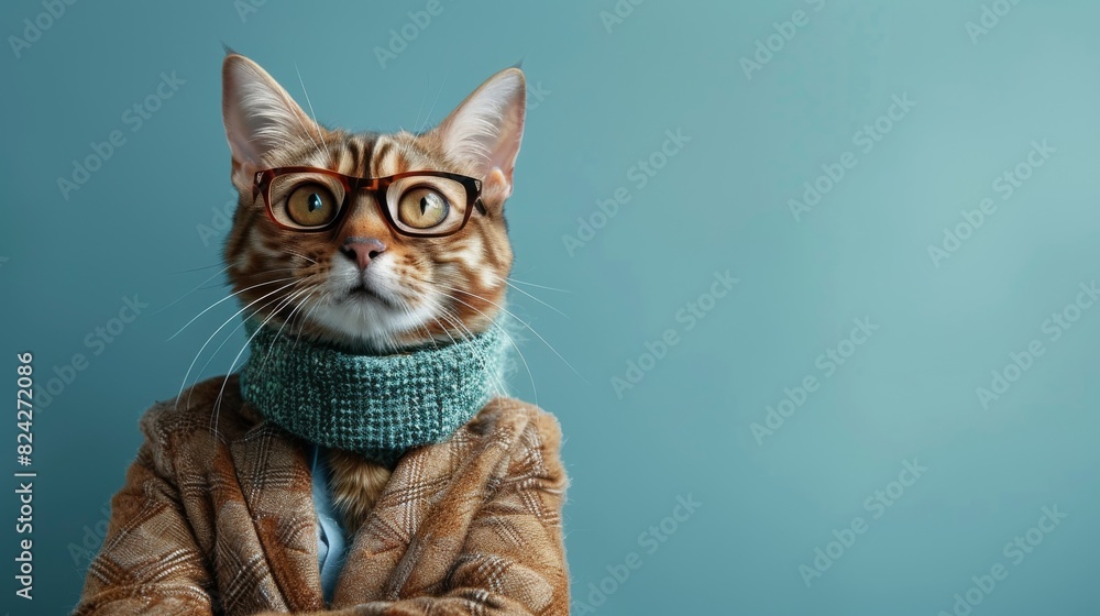 Realistic photo of a cat portrayed as an office worker, solid color ...