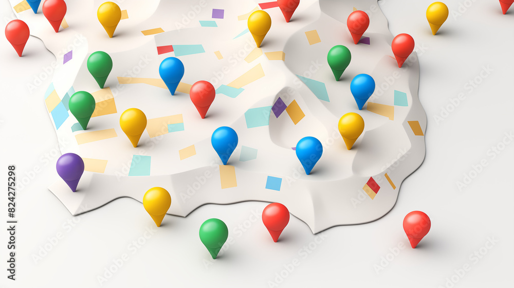 Rendered map with colorful location pins. The map is abstract with ...