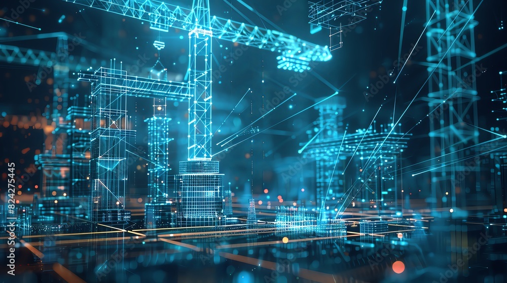 Abstract blue digital construction background with lines, data and ...