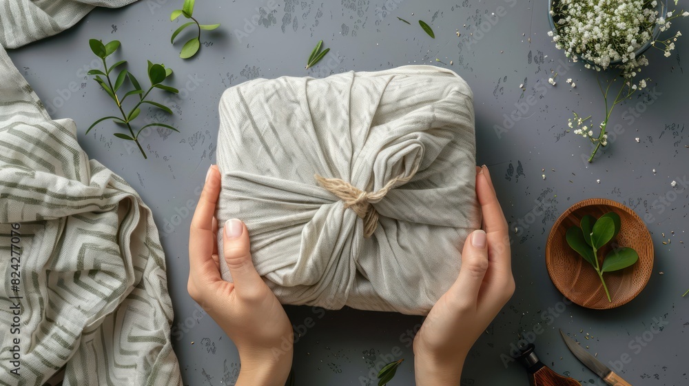 Female hand wrapping a gift in eco friendly reusable fabric package top ...