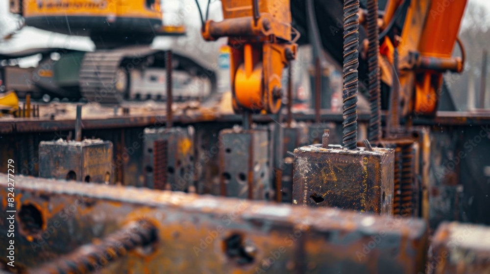Mobile cranes are lifting and placing the steel posts into the holes ...