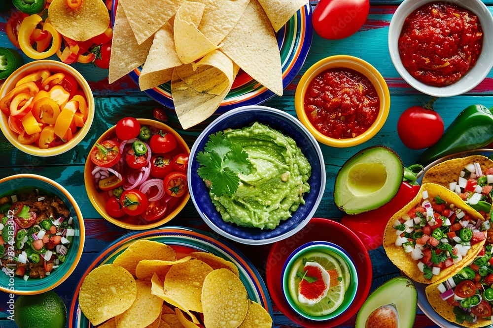 Energetic spread of traditional Mexican snacks and appetizers enhances ...