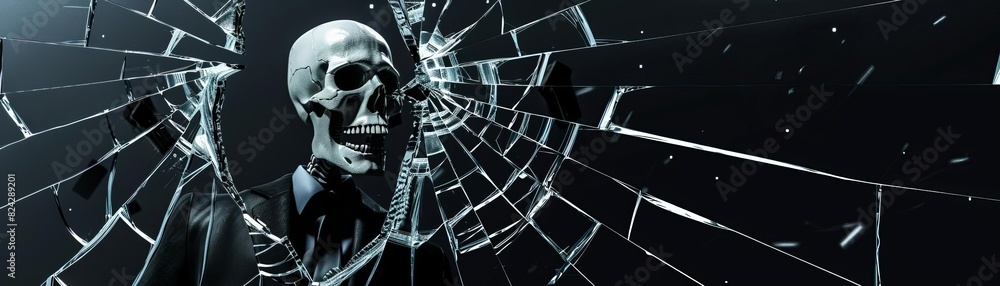 Dramatic image of a realistic skeleton in front of a shattered glass ...
