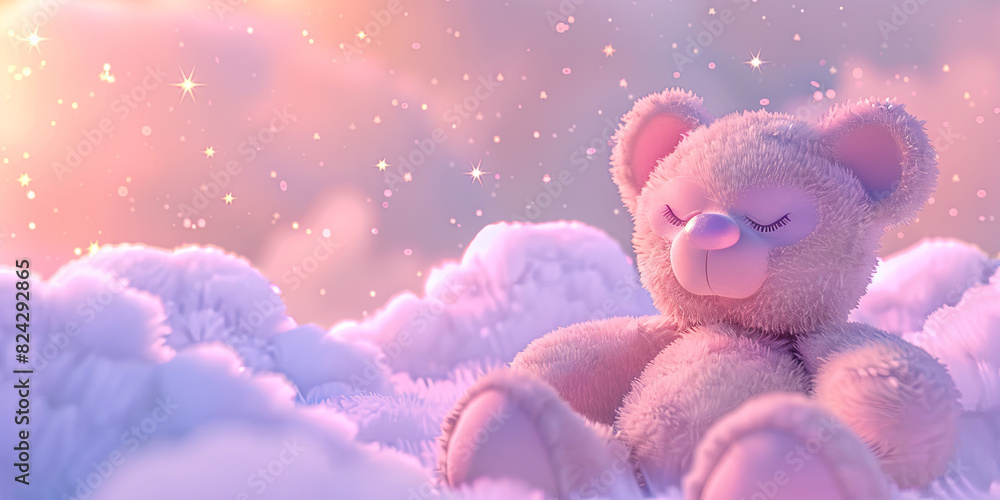 cute teddy bear sitting on white clouds with a pink sky background ...
