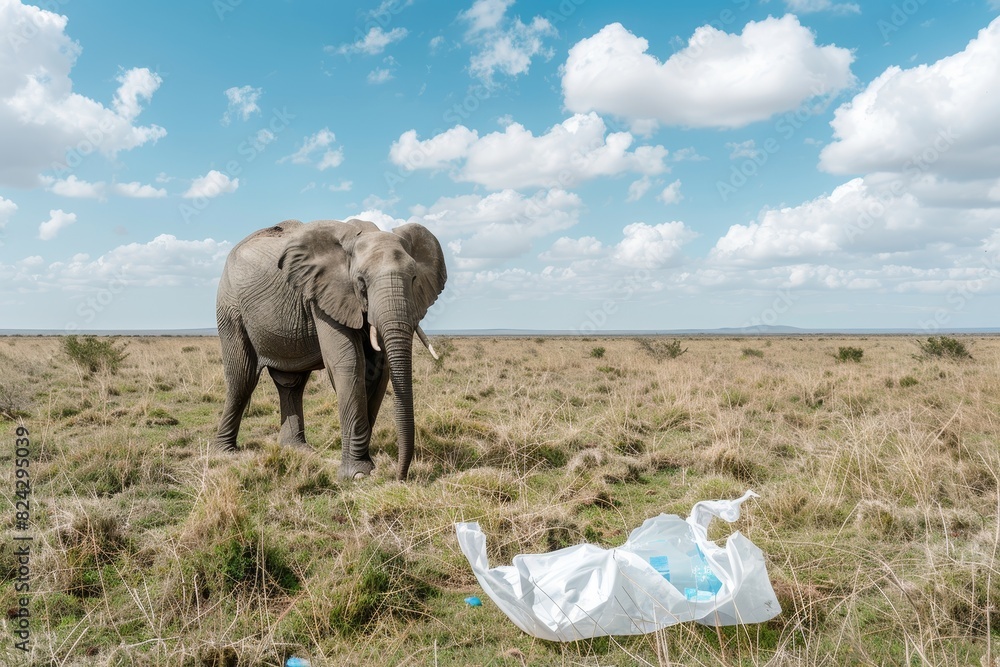 Curious Elephant Investigating a Abandoned Plastic Bag in the Savannah ...