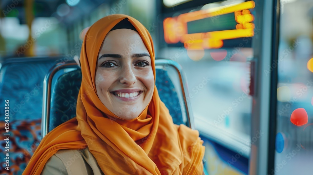 Smiling adult Muslim woman wearing hijab standing inside public bus ...