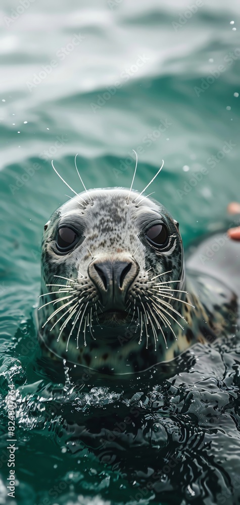 A seal bobs in the ocean, its big, round eyes staring at the camera ...