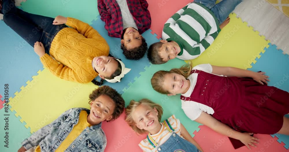 Kids, lying down and circle in school with top view for relax, fun and ...