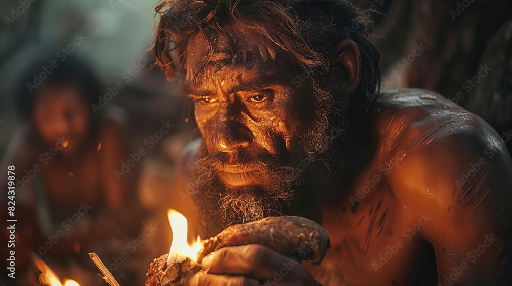 Show a group of early humans using fire for the first time to cook meat ...