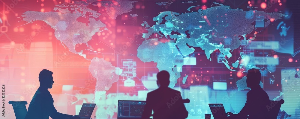 A global operations team coordinating efforts on a digital world map ...