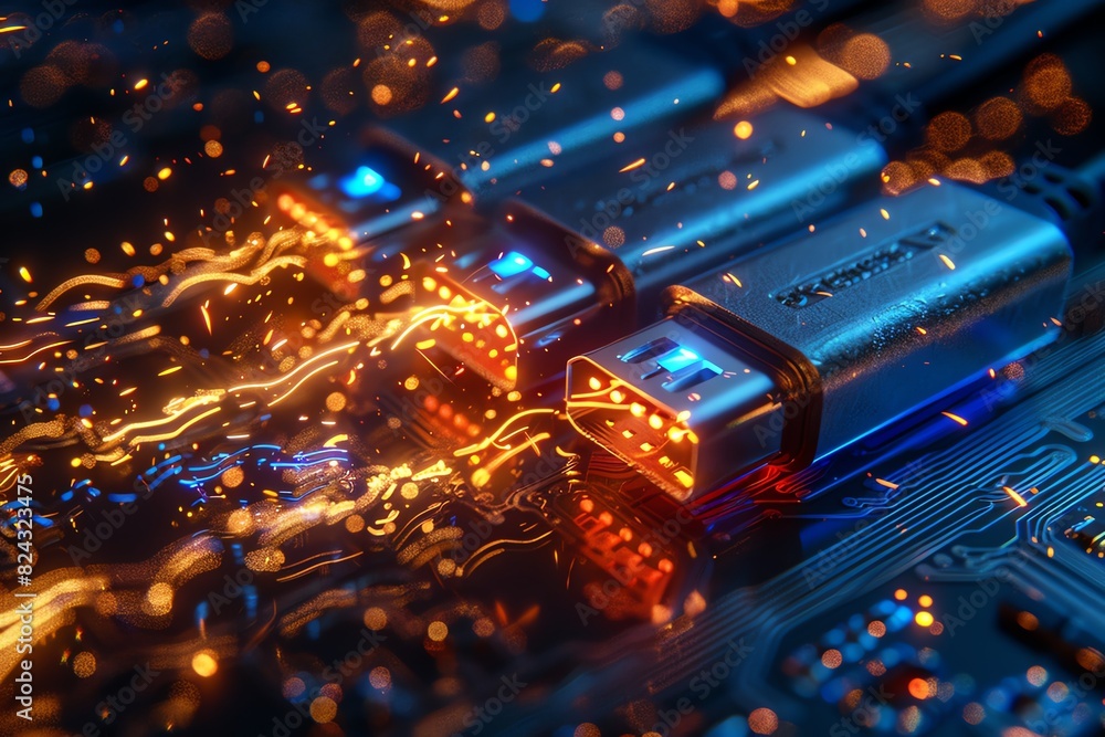 USB hub with electrical sparks, side view, Power surge, futuristic tone ...