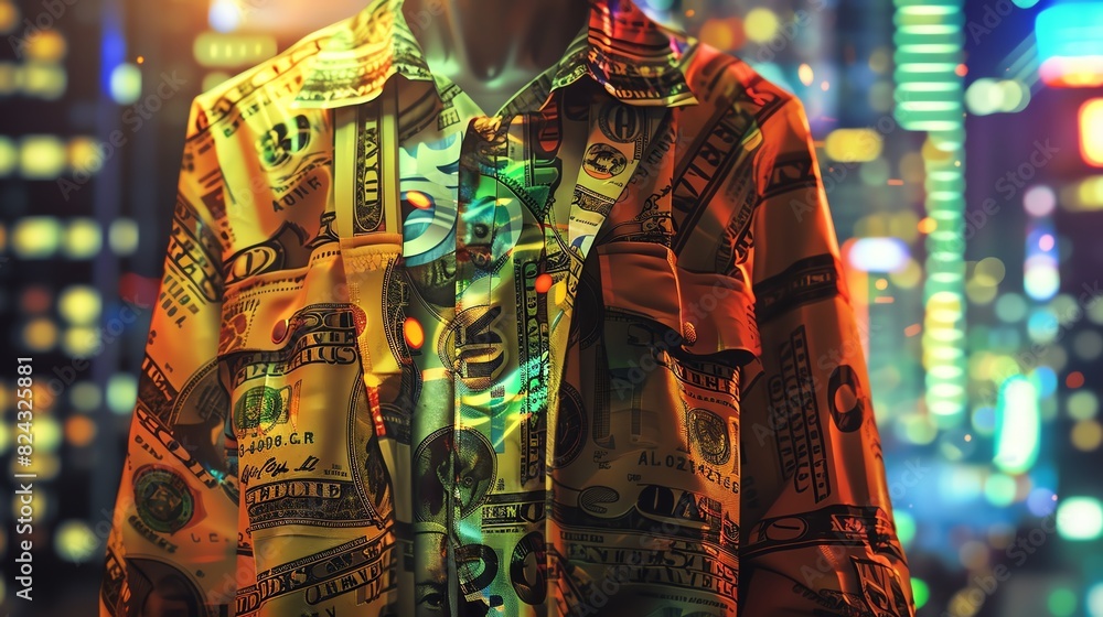 Design a stylish outfit featuring colorful banknotes and coins ...