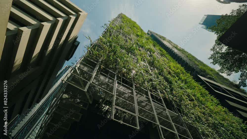Low view of a modern skyscraper featuring a vertical garden facade. The ...