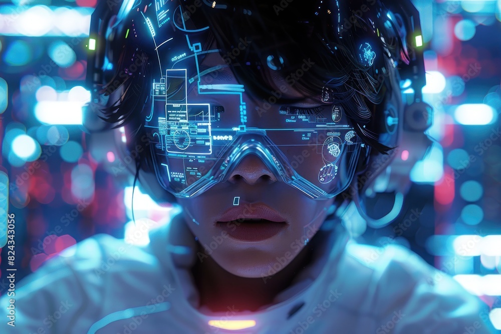 An electronic music producer in the metaverse, seen in a close-up as ...
