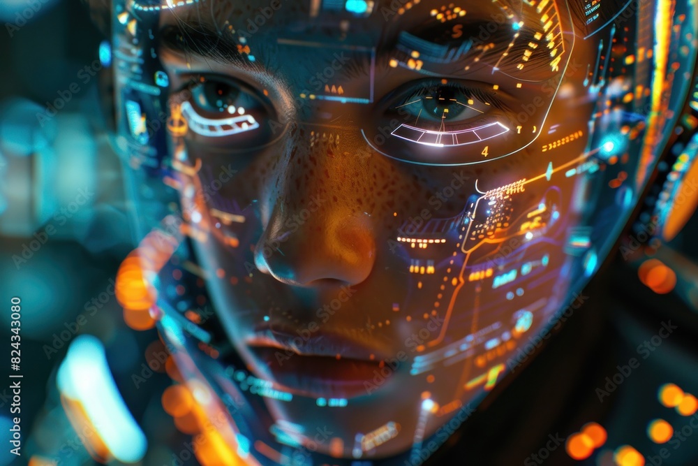 An electronic music producer in the metaverse, seen in a close-up as ...