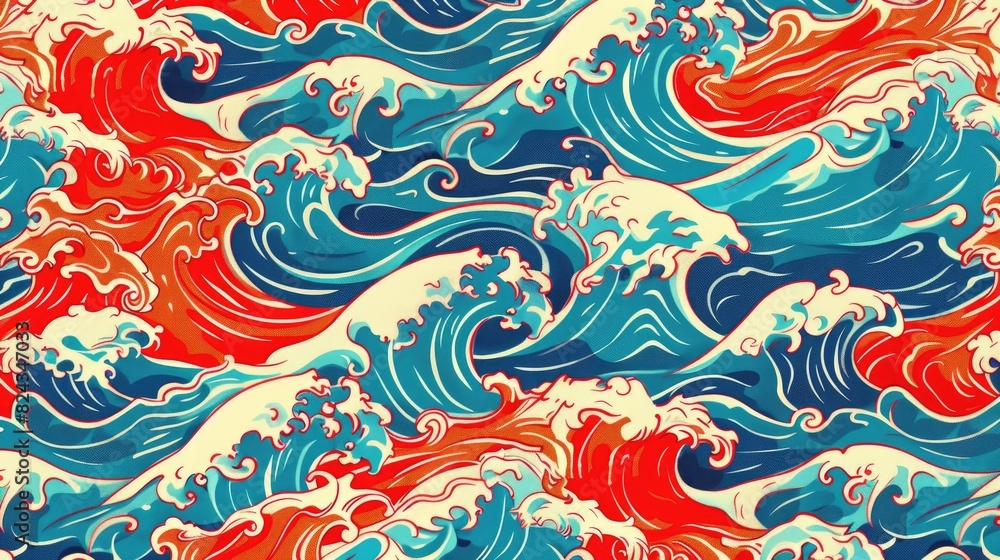 Seamless pattern of vibrant blue and red ocean waves in Japanese style ...