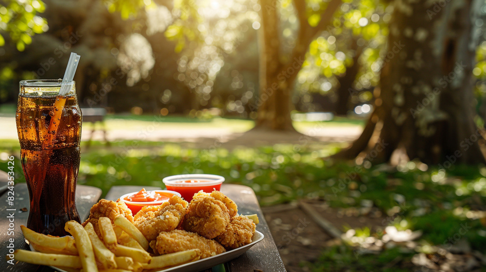 Fried chicken nuggets and fries on a park bench under a shady tree ...