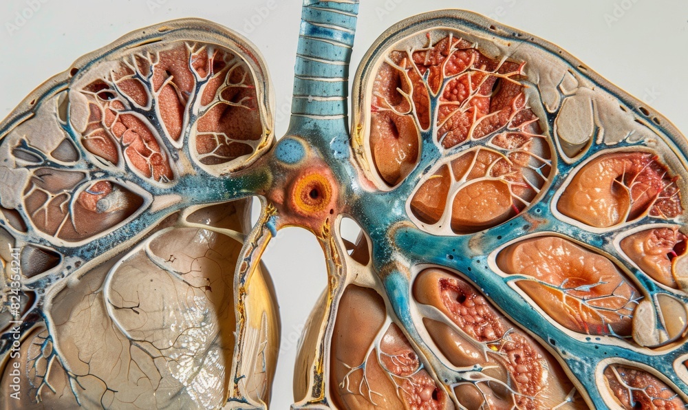 Cross-sectional view of lung tissue showing alveoli and bronchioles ...