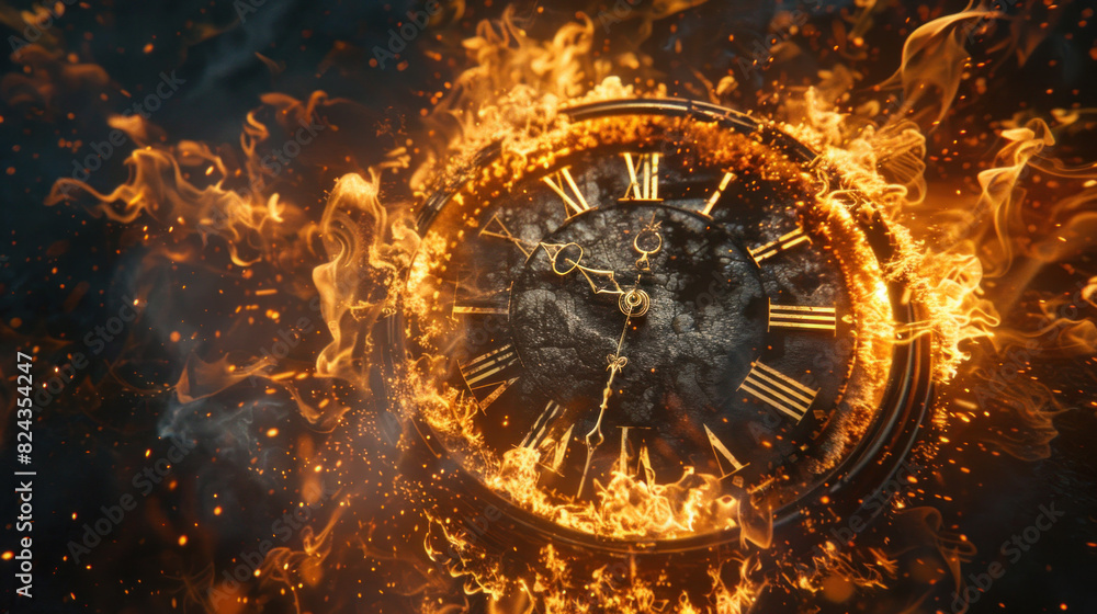 Burning clock, with flames consuming its face, creating a striking ...