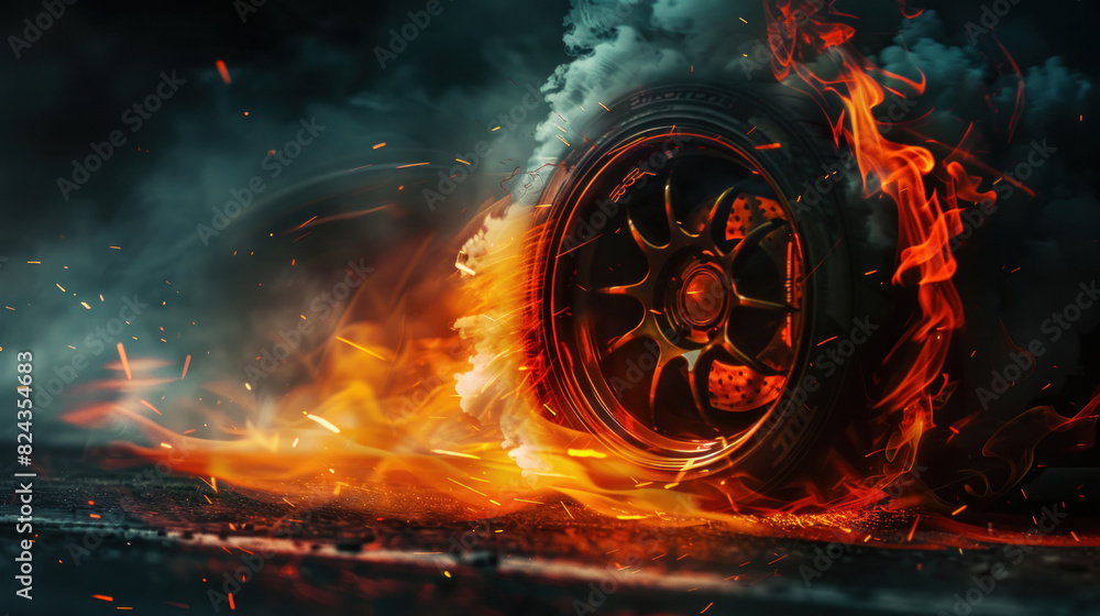 Burnout tire with flames and smoke, high-speed wheel on fire, capturing ...
