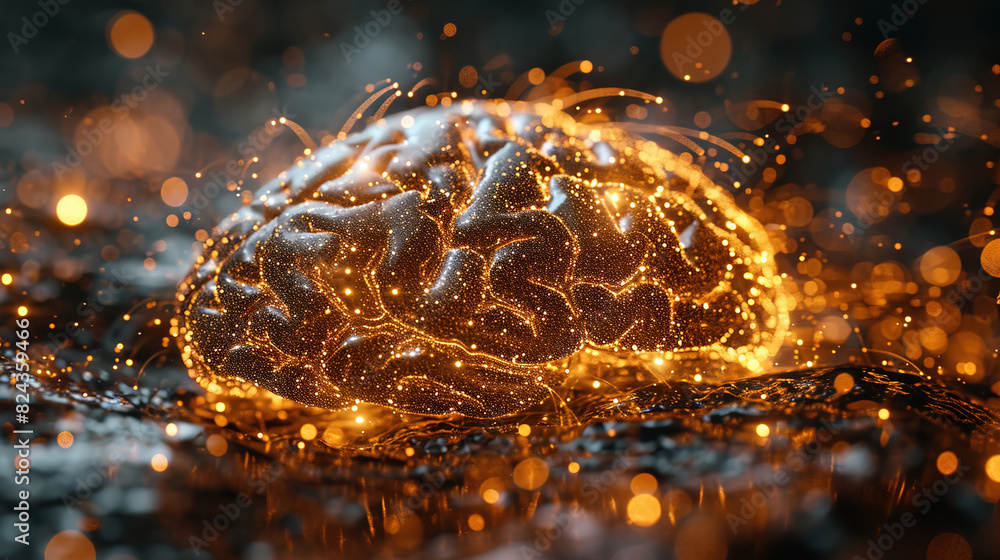 Golden Color Of A Glowing Brain Engine On Blurry Background Stock ...