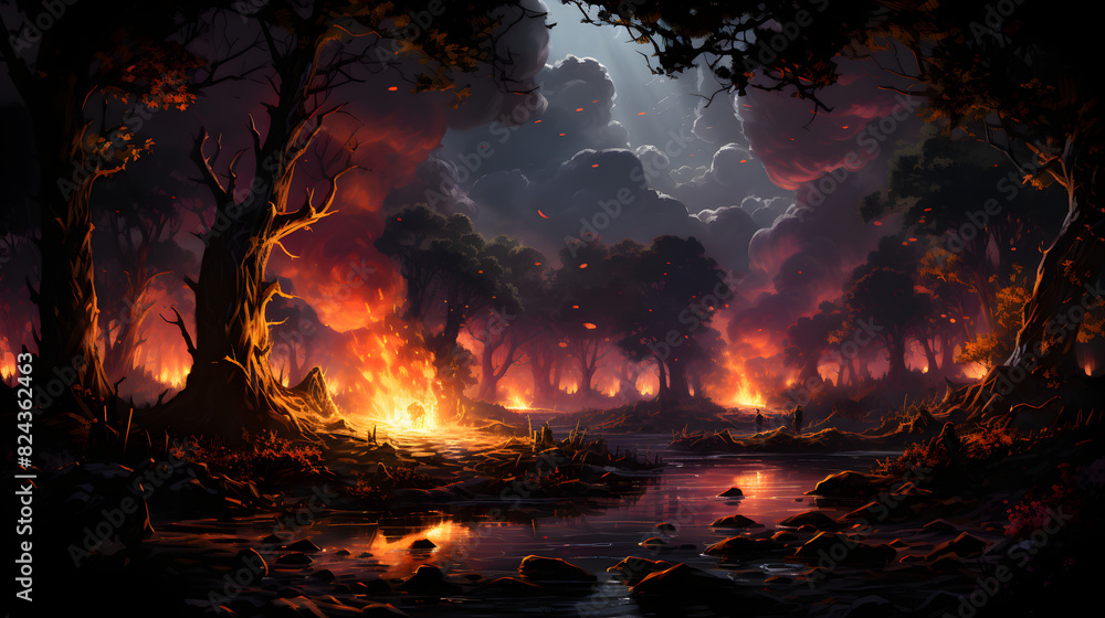 fire in a forest, the campfire flickers in the night and casts dancing ...